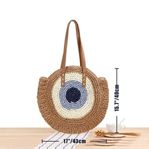 JBR Large Round Straw Bag Woven Shoulder Bag Tote Crossbody Bags Women Handwoven Handbags (Blue Eyes)