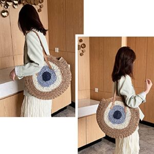 JBR Large Round Straw Bag Woven Shoulder Bag Tote Crossbody Bags Women Handwoven Handbags (Blue Eyes)