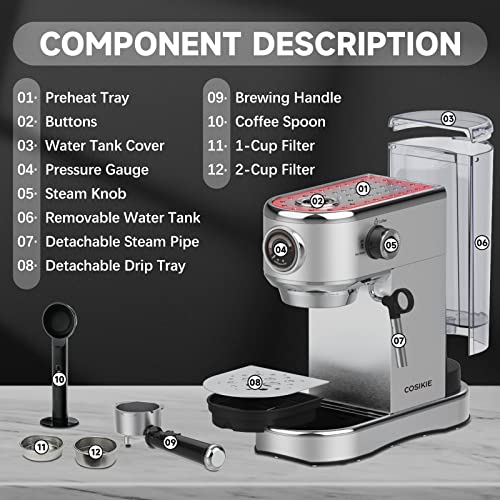 Espresso Machine, Expresso Coffee Machines with Steamer, Cappuccino Machine, Upgraded 15 Bar Espresso Machine Maker with Milk Frother for Cappuccino Latte Macchiato, Christmas Coffee Gifts,1450W