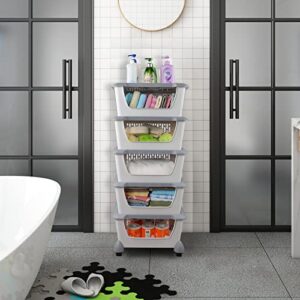 Xyskin Pack of 5 Stacking Storage Basket, Detachable Storage Shelves Bins with Wheels