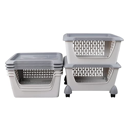 Xyskin Pack of 5 Stacking Storage Basket, Detachable Storage Shelves Bins with Wheels