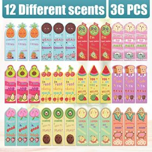 36pcs Scented Bookmarks Fruit Scratch, Sniff Bookmarks Fruit Cute Fun Bookmarks for Kids Students Teens Food Lovers Classroom Home School DIY Craft Reading Scrapbook (12 Styles)