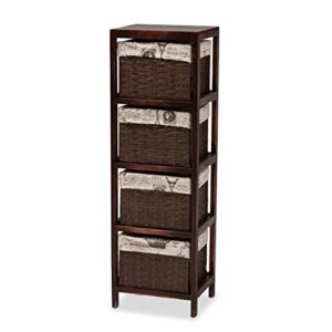 baxton studio bosley modern french inspired walnut brown finished wood 4-basket storage unit, dark brown/beige