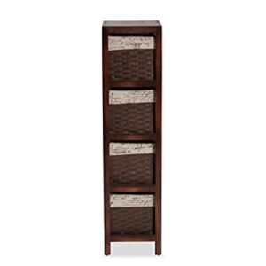 Baxton Studio Bosley Modern French Inspired Walnut Brown Finished Wood 4-Basket Storage Unit, Dark Brown/Beige