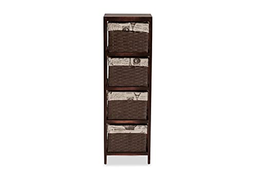 Baxton Studio Bosley Modern French Inspired Walnut Brown Finished Wood 4-Basket Storage Unit, Dark Brown/Beige