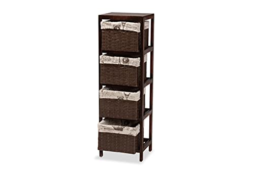 Baxton Studio Bosley Modern French Inspired Walnut Brown Finished Wood 4-Basket Storage Unit, Dark Brown/Beige