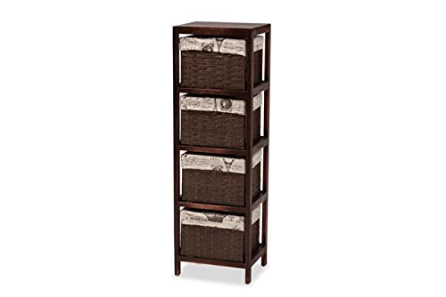 Baxton Studio Bosley Modern French Inspired Walnut Brown Finished Wood 4-Basket Storage Unit, Dark Brown/Beige