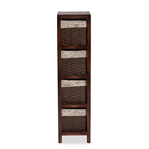 Baxton Studio Bosley Modern French Inspired Walnut Brown Finished Wood 4-Basket Storage Unit, Dark Brown/Beige