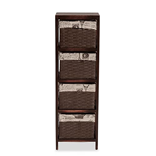 Baxton Studio Bosley Modern French Inspired Walnut Brown Finished Wood 4-Basket Storage Unit, Dark Brown/Beige