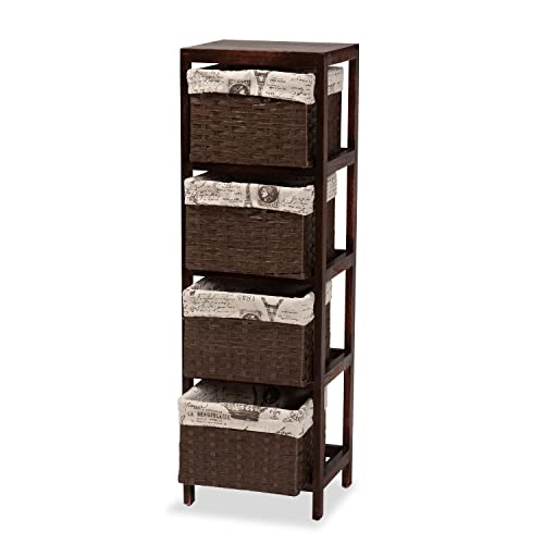 Baxton Studio Bosley Modern French Inspired Walnut Brown Finished Wood 4-Basket Storage Unit, Dark Brown/Beige