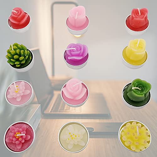 12 Pieces Flower Tealight Candles Cactus Candles Succulent Tea Lights Candle Fancy Plant Candle for Decorative Party Favor