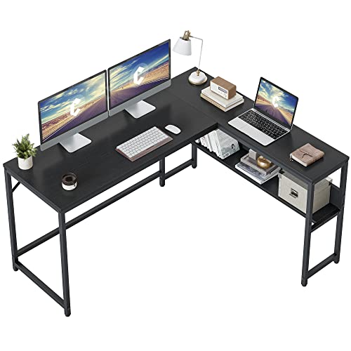 CubiCubi L Shaped Desk, 55.1 inch Corner Computer Desk with Storage Shelves, Study Writing Table Workstation with Open Shelves for Home Office, Black