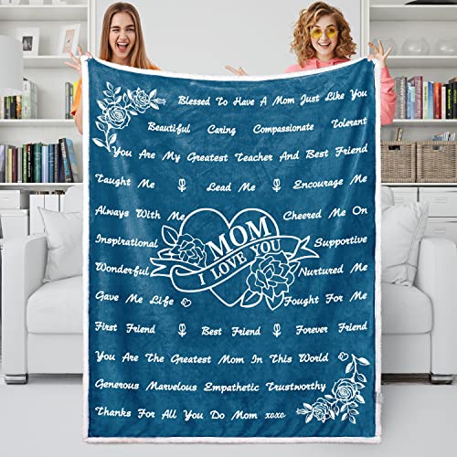 DOKEYWELL Birthday Gifts for Mom Unique Mom Gifts from Son Daughters for Mothers Day Valentines Day Christmas - I Love You Mom Sherpa Hugs Blanket 50"x60" (Seablue)