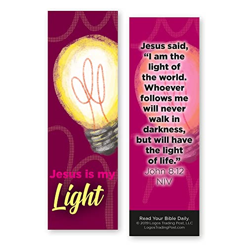 Jesus is My Light, John 8:12, Bulk Pack of 25 Christian Bookmarks for Kids, Childrens Bible Verse Book Markers, Sunday School Prizes with Memory Verses, Scripture Gifts for Kids & Youth