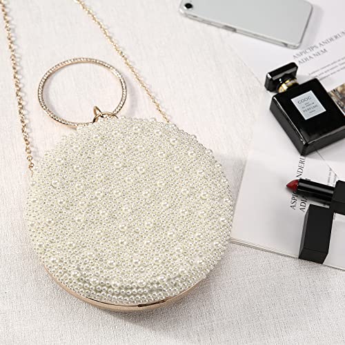 UBORSE Round Pearls Clutch Evening Bags for Women Formal Rhinestones Bridal Wedding Clutch Purse Prom Cocktail Party Handbags (One Size, Pearl White)