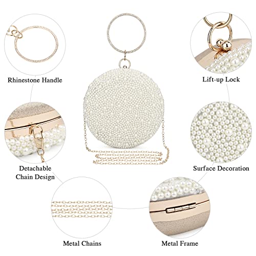 UBORSE Round Pearls Clutch Evening Bags for Women Formal Rhinestones Bridal Wedding Clutch Purse Prom Cocktail Party Handbags (One Size, Pearl White)