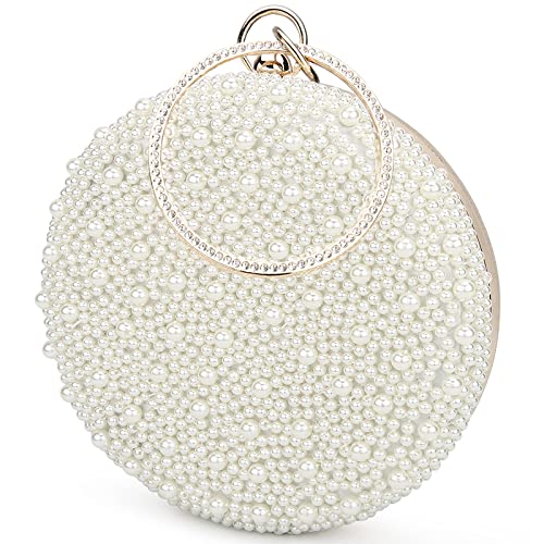 UBORSE Round Pearls Clutch Evening Bags for Women Formal Rhinestones Bridal Wedding Clutch Purse Prom Cocktail Party Handbags (One Size, Pearl White)