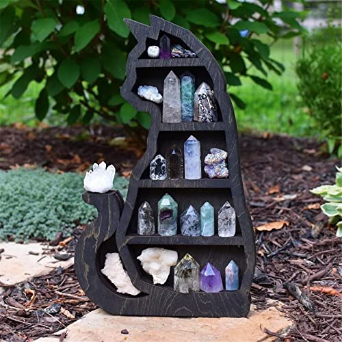 SXDHGTJ Cat in The Moon Crystal Wooden Shelf, Wall Mounted Crystal Display Shelf, Moon Shelf Black Cat Design Cute Wall Shelf Unit Black, Decorative for Living Room (A)