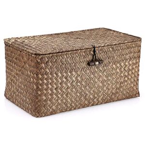 hipiwe wicker shelf baskets bin with lid, handwoven seagrass basket storage bins rectangular household basket boxes for shelf wardrobe home organizer, coffee medium