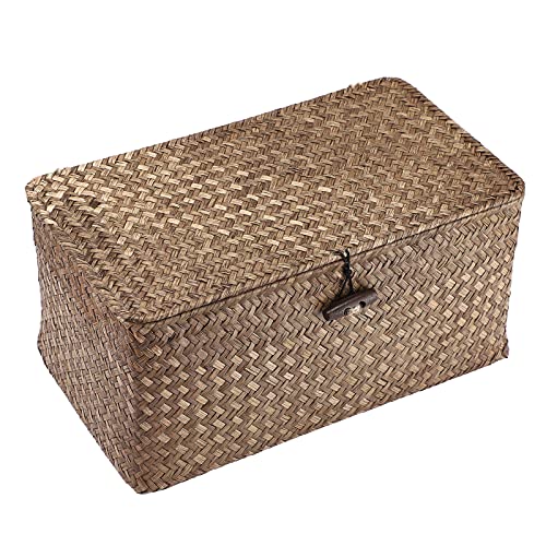 Hipiwe Wicker Shelf Baskets Bin with Lid, Handwoven Seagrass Basket Storage Bins Rectangular Household Basket Boxes for Shelf Wardrobe Home Organizer, Coffee Medium