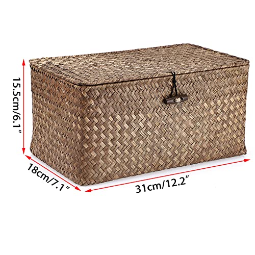 Hipiwe Wicker Shelf Baskets Bin with Lid, Handwoven Seagrass Basket Storage Bins Rectangular Household Basket Boxes for Shelf Wardrobe Home Organizer, Coffee Medium