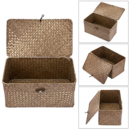 Hipiwe Wicker Shelf Baskets Bin with Lid, Handwoven Seagrass Basket Storage Bins Rectangular Household Basket Boxes for Shelf Wardrobe Home Organizer, Coffee Medium