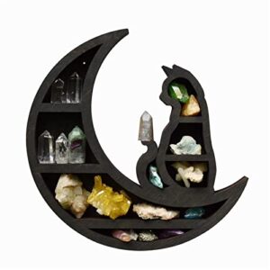 sxdhgtj cat in the moon crystal wooden shelf, wall mounted crystal display shelf, moon shelf black cat design cute wall shelf unit black, decorative for living room (b)