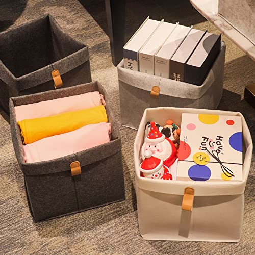 MILILOVE 6Pcs Felt Storage Basket 9x9x10 inch Cube, Fabric Cloth Storage Bin, Collapsible Organizer Basket with Handle for Cloth Toys Underwears Bedroom Playroom Office (with free decorations)