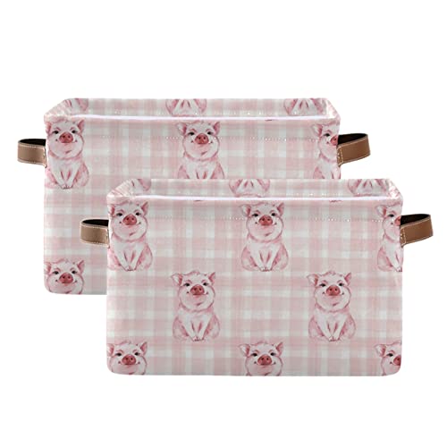 xigua Pink Class Plaid Pig Storage Baskets,Large Decorative Collapsible Rectangular Canvas Fabric Storage Bin for Home Office(15x11x9.5inch,2 Pack)