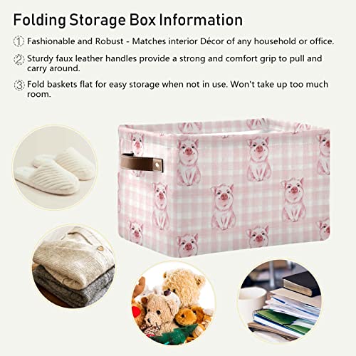 xigua Pink Class Plaid Pig Storage Baskets,Large Decorative Collapsible Rectangular Canvas Fabric Storage Bin for Home Office(15x11x9.5inch,2 Pack)