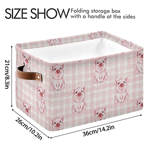 xigua Pink Class Plaid Pig Storage Baskets,Large Decorative Collapsible Rectangular Canvas Fabric Storage Bin for Home Office(15x11x9.5inch,2 Pack)