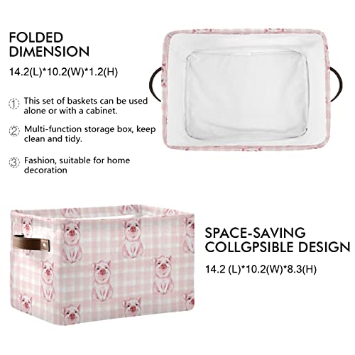 xigua Pink Class Plaid Pig Storage Baskets,Large Decorative Collapsible Rectangular Canvas Fabric Storage Bin for Home Office(15x11x9.5inch,2 Pack)