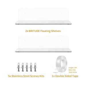 BRITUDE 2 Pack Small Floating Shelf for Wall, 9 Inch Acrylic Wall Display Ledges for Bedroom, Bathroom, Living Room, Office, Easy Installation with Clear Tape and Screws Kits