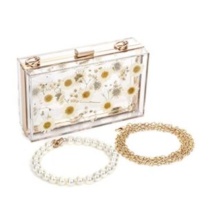 YUSHINY Women Acrylic Clear Clutch Transparent Purse True Flower Inlay with Removable Pearl Strap (Daisy)