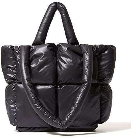 Puffer Tote Bag, Trendy Luxury Chic Quilted Cotton Padded Designer Handbags for Women, Winter Soft Puffer Shoulder Bag. BLACK