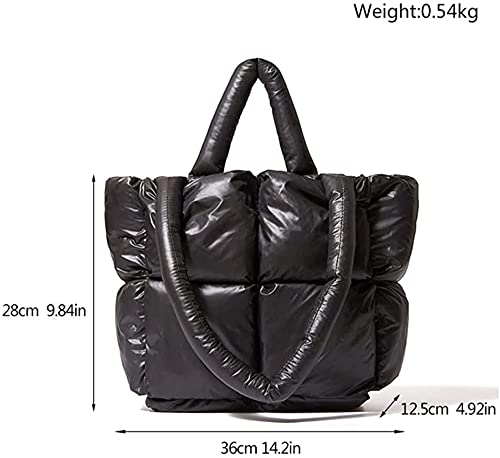 Puffer Tote Bag, Trendy Luxury Chic Quilted Cotton Padded Designer Handbags for Women, Winter Soft Puffer Shoulder Bag. BLACK