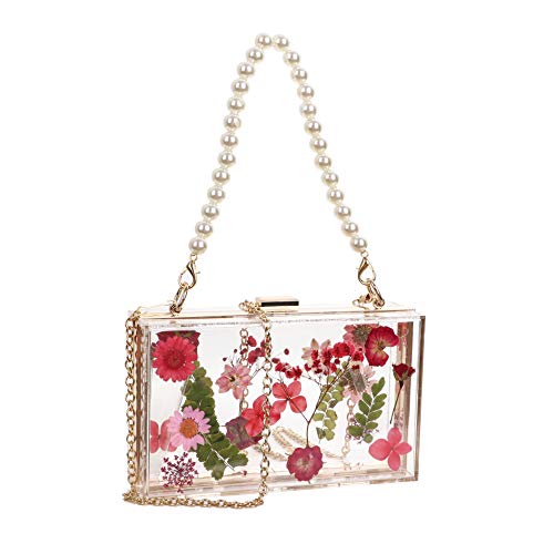 YUSHINY Women Acrylic Clear Clutch Transparent Purse True Flower Inlay with Removable Pearl Strap (Rose)