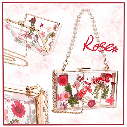 YUSHINY Women Acrylic Clear Clutch Transparent Purse True Flower Inlay with Removable Pearl Strap (Rose)