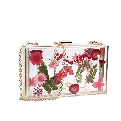 YUSHINY Women Acrylic Clear Clutch Transparent Purse True Flower Inlay with Removable Pearl Strap (Rose)