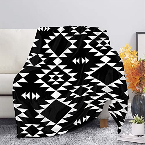 Babrukda Tribal Aztec Black White Sherpa Blanket Plush Throw Blankets Size 43.3x55.1 inch Bedding Blanket for Bed Sofa Couch, Soft Washable TV Recliner Camping Blanket for Women Men Kids