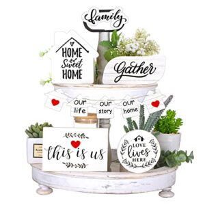 10 pieces farmhouse tiered tray decor wooden rustic decorations home sweet home family gather love wood block our life our story table signs for farmhouse home kitchen shelf coffee(classic)