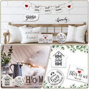 10 Pieces Farmhouse Tiered Tray Decor Wooden Rustic Decorations Home Sweet Home Family Gather Love Wood Block Our Life Our Story Table Signs for Farmhouse Home Kitchen Shelf Coffee(Classic)