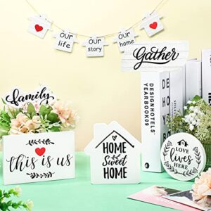 10 Pieces Farmhouse Tiered Tray Decor Wooden Rustic Decorations Home Sweet Home Family Gather Love Wood Block Our Life Our Story Table Signs for Farmhouse Home Kitchen Shelf Coffee(Classic)