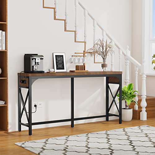 Hombazaar 70.9 Inches Console Table with Outlets and USB Ports, Narrow Long & Splicing Wood Grain Sofa Table Behind Couch, Extra Long Entryway Table for Entryway, Hallway, Foyer, Living Room, Brown