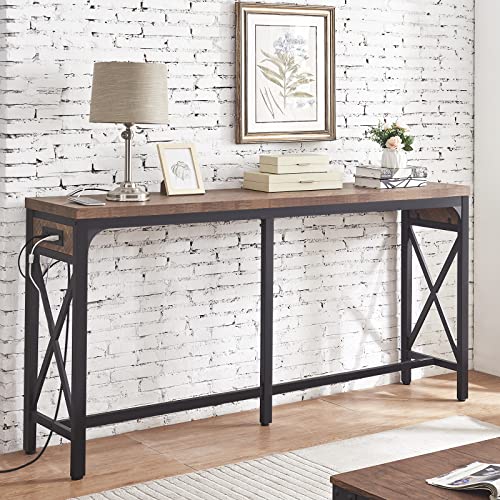 Hombazaar 70.9 Inches Console Table with Outlets and USB Ports, Narrow Long & Splicing Wood Grain Sofa Table Behind Couch, Extra Long Entryway Table for Entryway, Hallway, Foyer, Living Room, Brown