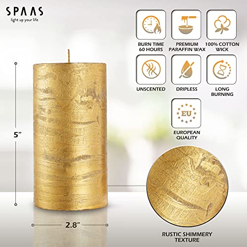 SPAAS Rustic Gold Pillar Candles - 2.8" X 5" Decorative Gold Candles - 2 Pack Metallic Pillar Candles ​- Dripless Unscented Rustic Pillar Candles for Home Decoration, Party, Wedding, and Holiday