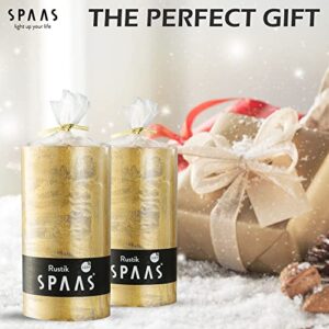 SPAAS Rustic Gold Pillar Candles - 2.8" X 5" Decorative Gold Candles - 2 Pack Metallic Pillar Candles ​- Dripless Unscented Rustic Pillar Candles for Home Decoration, Party, Wedding, and Holiday