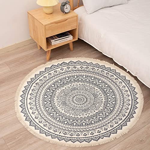 COZY PLANET Boho Cotton Round Area Rug Hand-Tasseled Home Decoration Area Cover (Bohemian SlateGrey, 4×4 ft, Round)