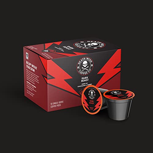 Death Wish Coffee Single Serve Pods - Extra Kick of Caffeine - Dark Roast Coffee Pods - Made with USDA Certified Organic, Fair Trade, Arabica and Robusta Beans (10 Count)