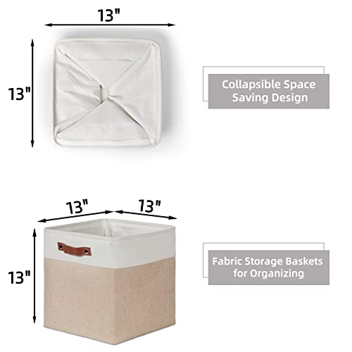 HNZIGE Fabric Baskets Storage Cubes Baskets Set(4 Pack) Large Cube Baskets for Shelves,13x13x13 Storage Cube Bins for Storage with Leather Handles for Home, Toys, Clothes, Kids Room, Closet Storage(White&Beige)